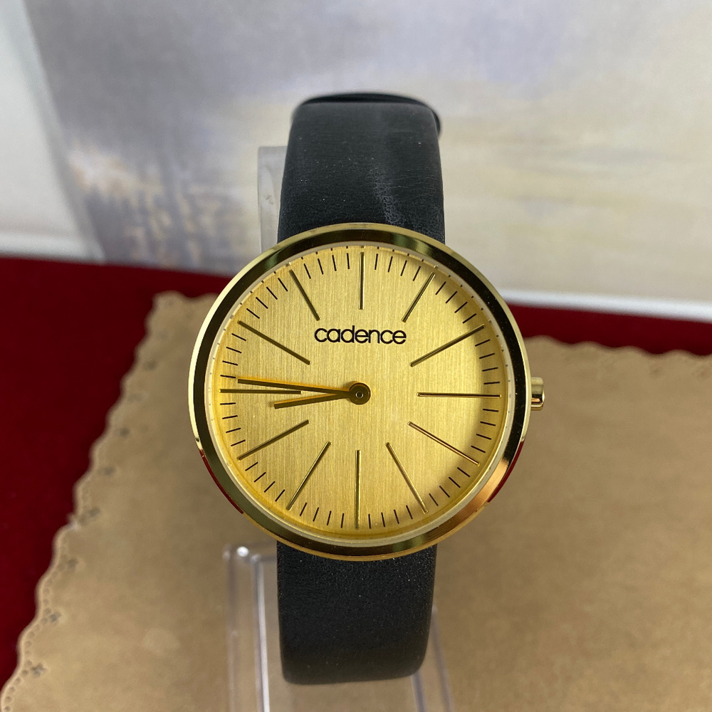 Cadence Gold Tone Watch Black Leather Strap - Gem
